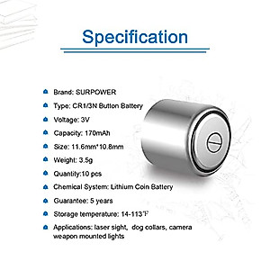 SURPOWER CR1/3N 3V Lithium Battery 10 Pack 【5-Year Warranty】