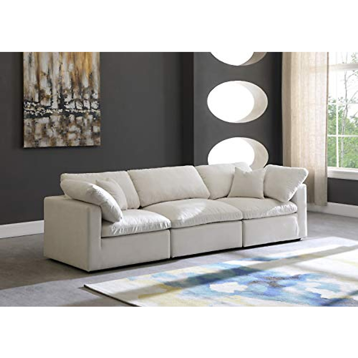 Meridian Furniture 602Cream-S105 Plush Collection Contemporary Down Filled Comfort Overstuffed Velvet Upholstered Modular Sofa 3-Seater Cream