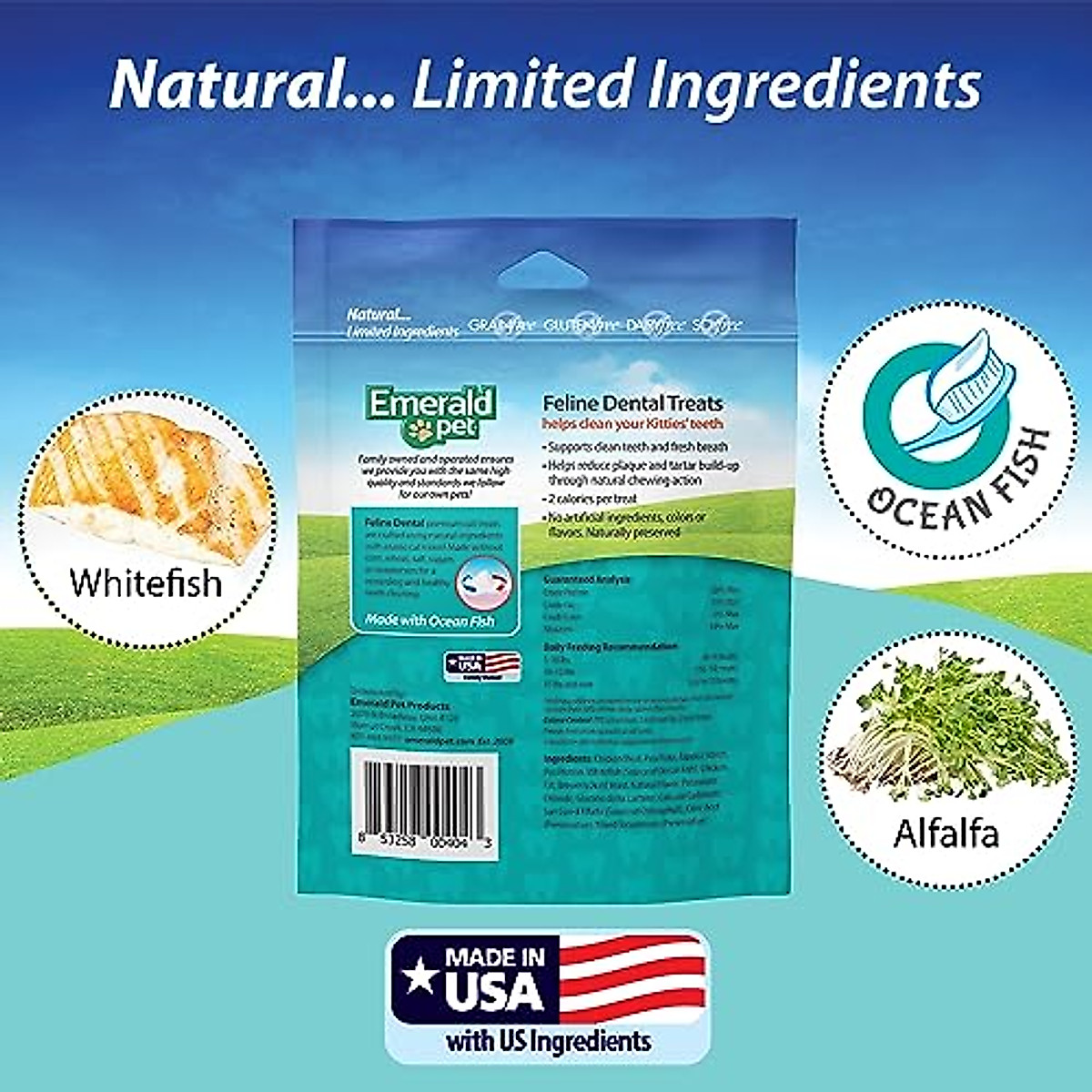 Feline Dental Treats — Tasty and Crunchy Cat Dental Treats Grain Free — Natural Dental Treats to Clean Cat Teeth, Freshen Cat Breath, and Reduce Plaque and Tartar Buildup — Ocean Fish Treats, 3 oz