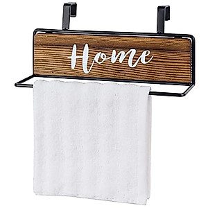 MyGift Rustic Burnt Solid Wood and Black Metal Over The Cabinet Door Dish Hand Towel Rack, Kitchen Drying Towel Bar with Decorative Cursive Home Writing