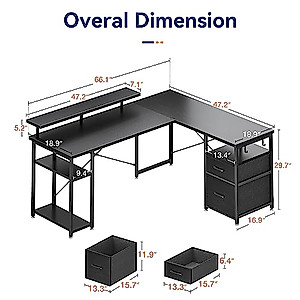 KKL L Shaped Desk with Drawer, 66" Reversible Computer Desk with Storage Shelves, Corner Gaming Desk and Monitor Stand, Home Office Desk, Modern Wooden Desk, Easy to Assemble, Black