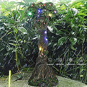 FORUP 14 Inch Tree Goddess Garden Statue, Resin Dryad Garden Figurine with 18 LEDs, Solar Powered Lighted Garden Sculpture for Outdoor Patio Lawn Yard Garden Decorations