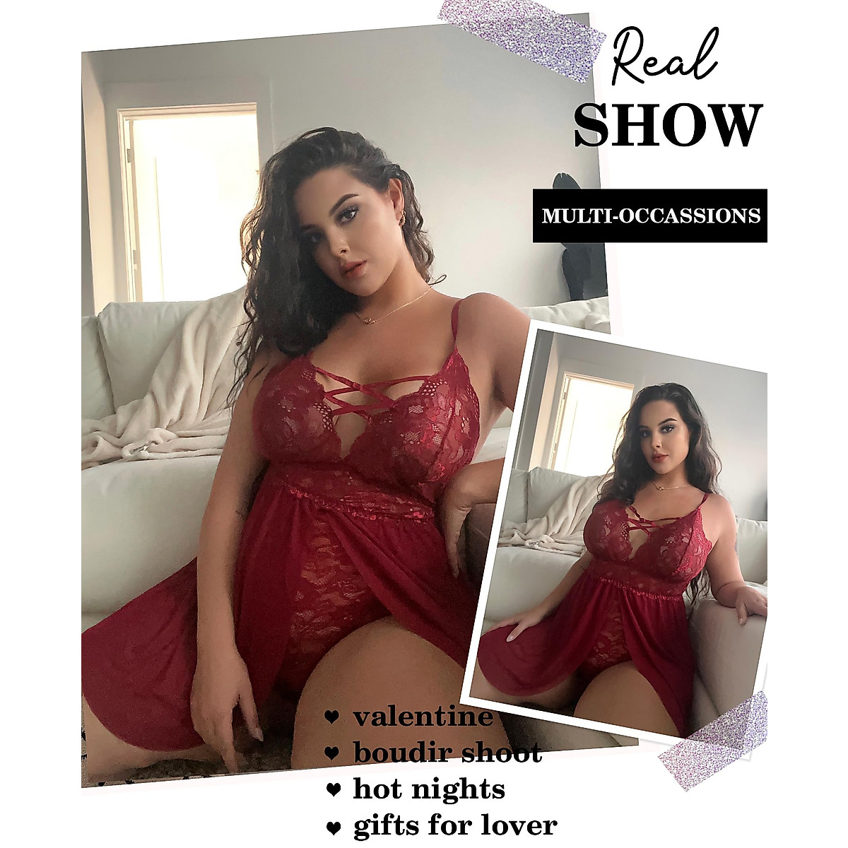 Avidlove Plus Size Babydoll For Women Sexy Nightgowns For Women Plus Size Lingerie (Wine Red, XL)