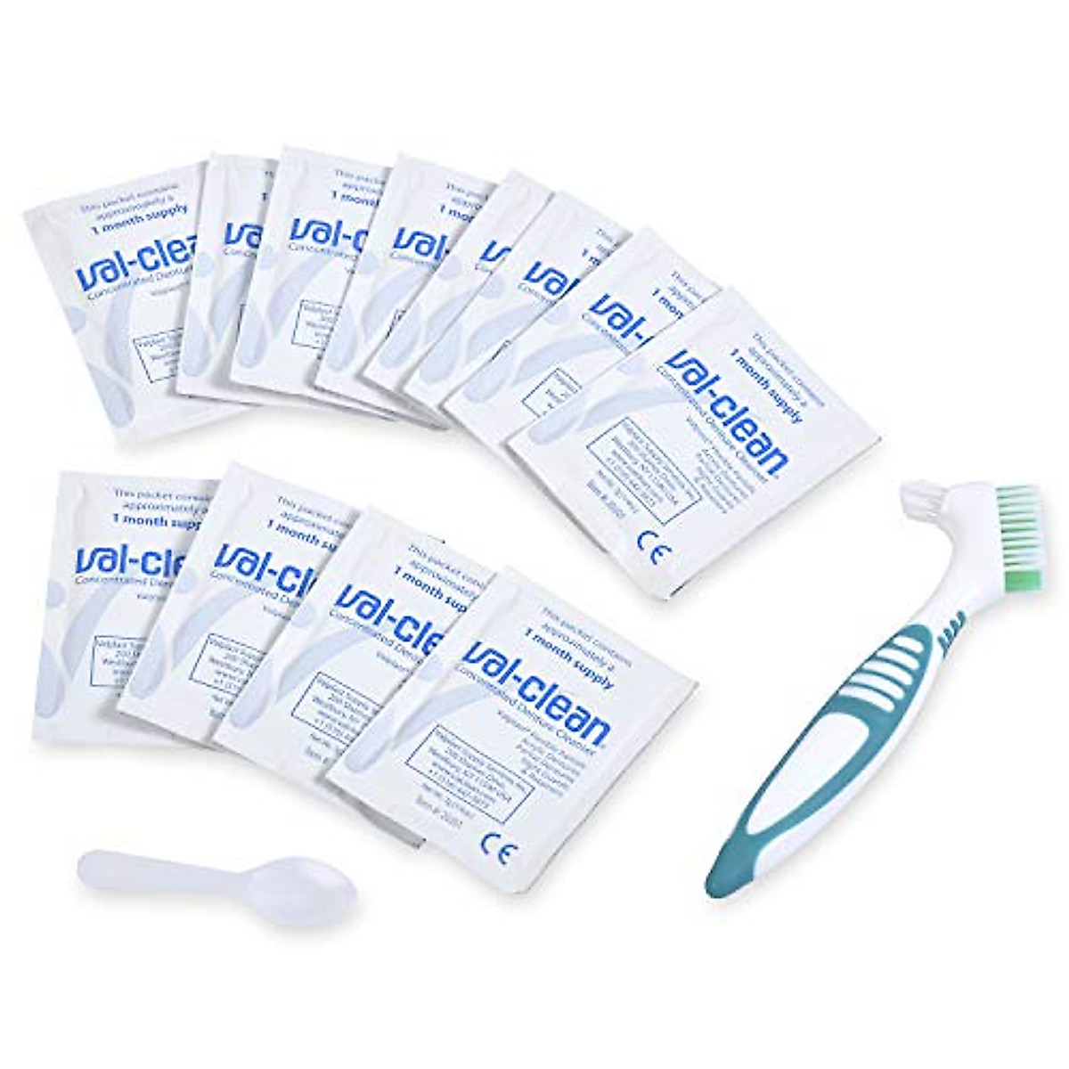 Val-Clean Concentrated Denture Retainer Partials and Night Guard Cleaner Powder BUNDLED with Denture Cleaning Brush AND Handy Denture Care Reference Card