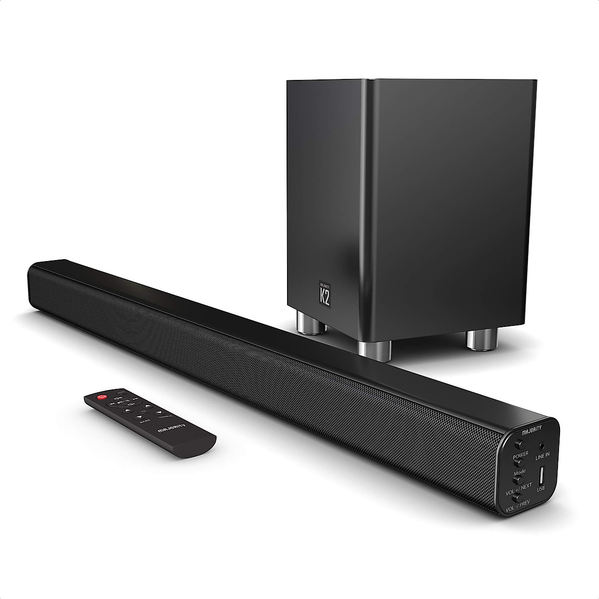 Majority K2 Sound Bar with Subwoofer | 150W Powerful Stereo 2.1 Channel Sound Bar for TV | Home Theatre 3D Surround Sound I HDMI ARC, Bluetooth, Optical & RCA Connection I USB & AUX Playback | Black