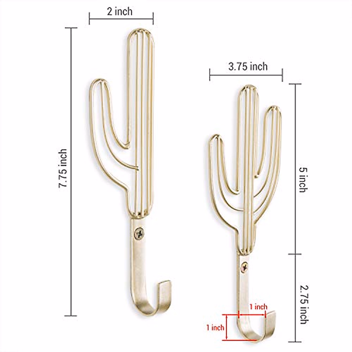 MyGift Set of 2 Wall-Mounted Brass-Tone Metal Cactus Coat Hooks