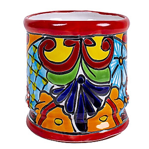 Genuine Mexican Kitchen Talavera Utensil Holder Hand Painted Pottery Ceramic for Kitchen Utensil Crock Spoon Rest Handmade in Mexico by Artisans (Red)