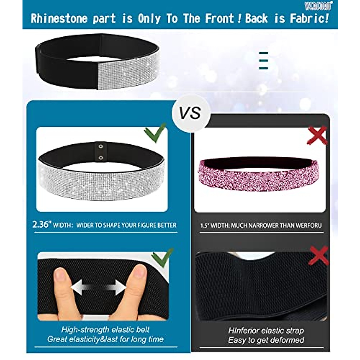 WERFORU Women Rhinestone Wide Crystal Elastic Dress Belt Bling Sparkle Stretch Shiny Party Waist Belt,Black,Fit Waist Size 40-43 Inches