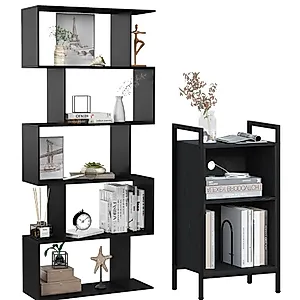 Yusong Bookshelf 5-Tier, Geometric Bookcase S Shaped Book Shelves and 3 Tier End Table, Tall Side Table with Storage Cabinets,Black