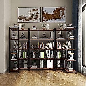 Tohomeor Bookshelf 5 Tier Deformable Corner Bookcase Free Standing Modern Industrial Book Storage Display Book Shelf for Bedroom Living Room Study Room Office (Brown)