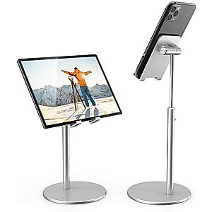 KAERSI Tablet Stand for Desk, Tablet Stand Phone Holder Adjustable Height Compatible with iPhone Pro 11, 9.7, 10.5 Air Mini 4 3 2, Kindle, E-Reader, All Phones (4-12'') - Silver