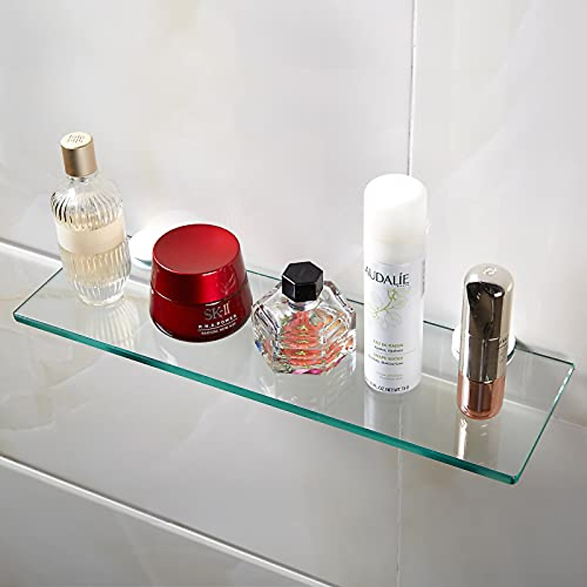 APROTOSS 16 inch Glass Shelf for Bathroom with Heavy Duty Brackets White , Glass Floating Shelf Brackets-Stainless Steel Die Metal - Cast Accessories , Wall Mounted Clear Glass Bathroom Shelf