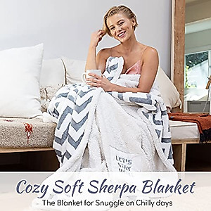 Ailemei Sherpa Fleece Blanket with Creative Embroidered Words Patch, King Size Reversible Fuzzy Soft Fluffy Huge Bed Blankets for Winter, Grey Chevron (Let's Stay Home)