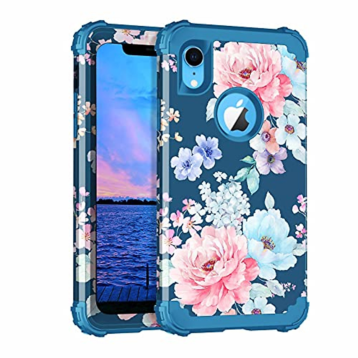 Rancase for iPhone XR Case,Three Layer Heavy Duty Shockproof Protection Hard Plastic Bumper +Soft Silicone Rubber Protective Case for Apple iPhone XR 6.1 inch,Flower