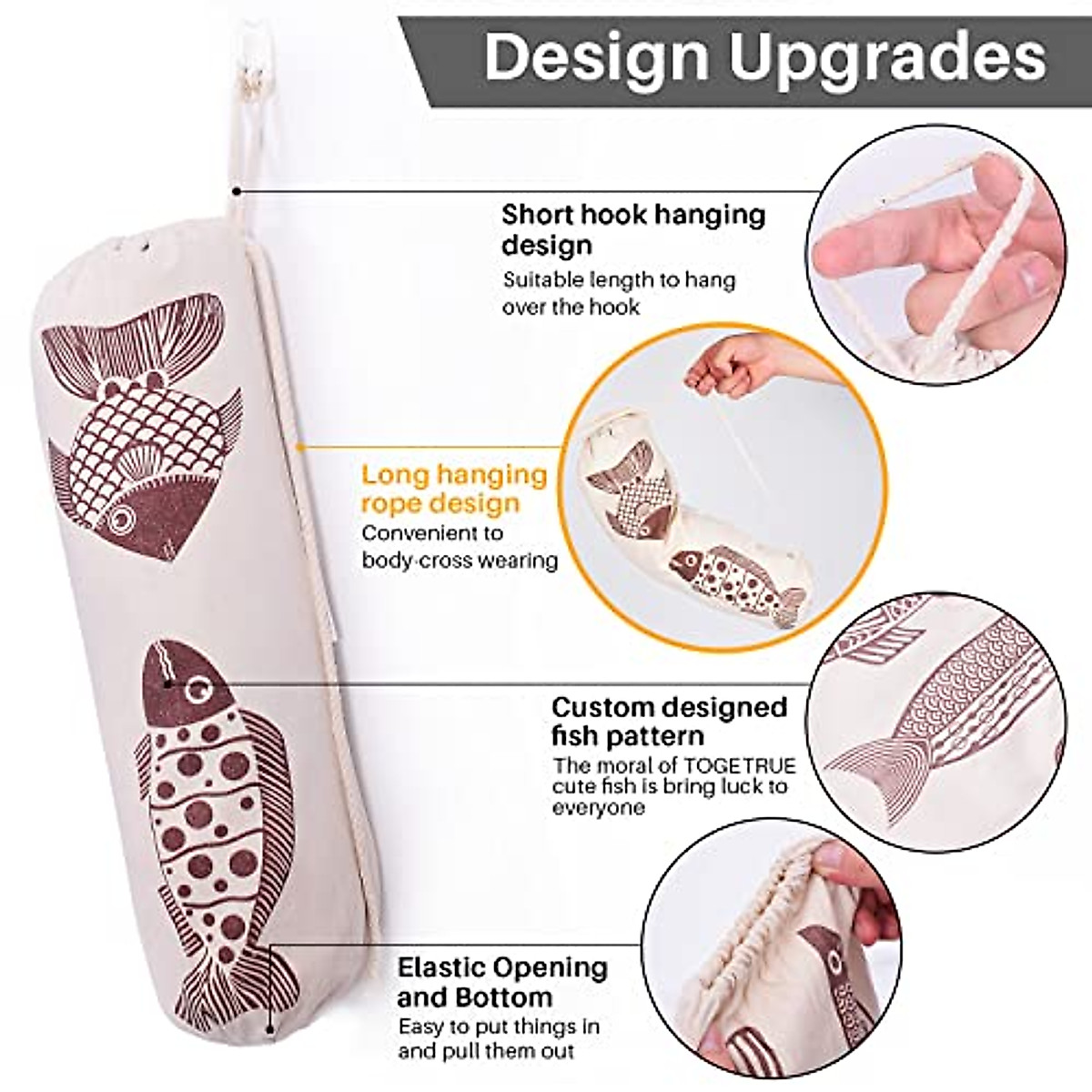 TOGETRUE Plastic Bag Holder, Natural Cotton Grocery Shopping Bag Holder, Cute Fish Pantry Decor (Coffe Brown)