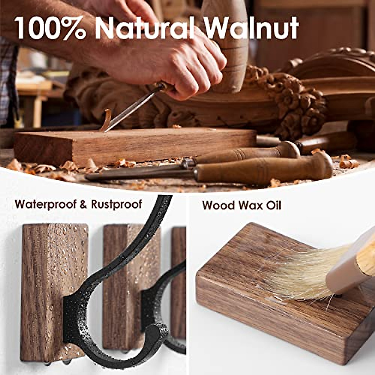 ACMETOP Coat Hooks Wall Mounted, Walnut Wood Wall Hooks for Hanging, 4 Pack Heavy Duty Double Towel Hat Hooks Rack, Rustic Decorative Hooks for Hanging Coats, Towels, Keys, Bags, Robes