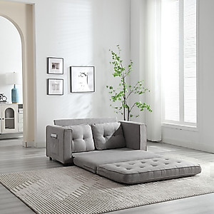 MYINDA Futon Sofa Bed, 55'' W Convertible Loveseat Sleeper with Pull Out Sofa, Space Saving Foldable Sofa Bed Couch with Side Pockets Living Room, Bedroom, Office (LightGray)