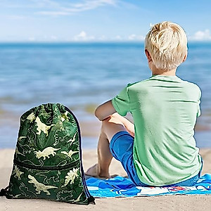 WAWSAM Dinosaur Drawstring Backpack - Drawstring Bags for Boys Kids Swim Bag for Beach Swim Swimming Pool Draw String Bags with Zippered Pocket Waterproof Sports Gym Bag