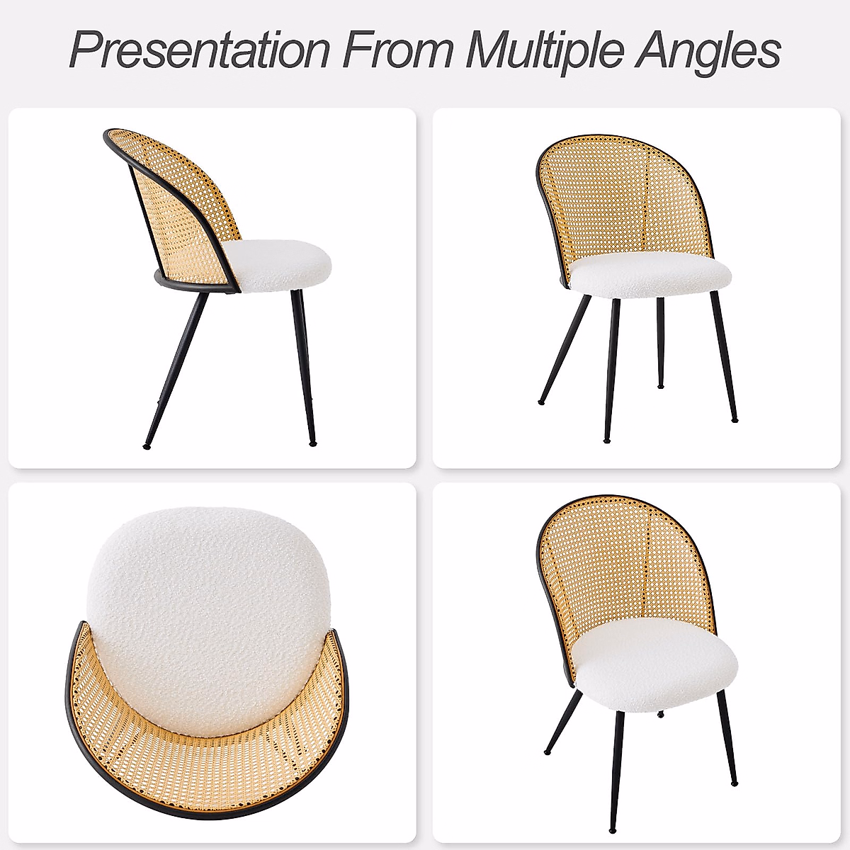 Bekrvio Rattan Dining Chairs Set of 2, Mid-Century Modern Kitchen Dining Room Chairs with Full Cane Backrest Armless Upholstered Farmhouse Boucle Dining Chairs with Metal Leqs for Dining Room, White