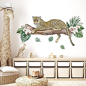 Yovkky Cheetah Leopard Wall Decals Stickers, Safari Jaguar Trunk Palm Leaves Home Bedroom Decor, Wild Jungle African Animal Tropical Flower Living Room Kitchen Decorations Art