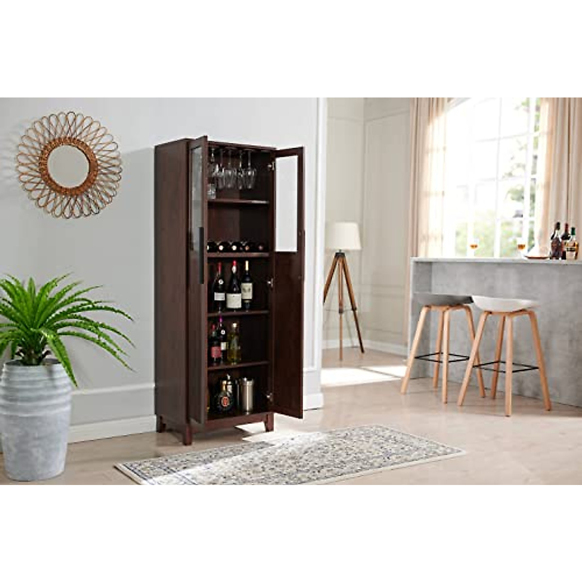 Home Source Mahogany 2-Door Bar Cabinet with Glass Display