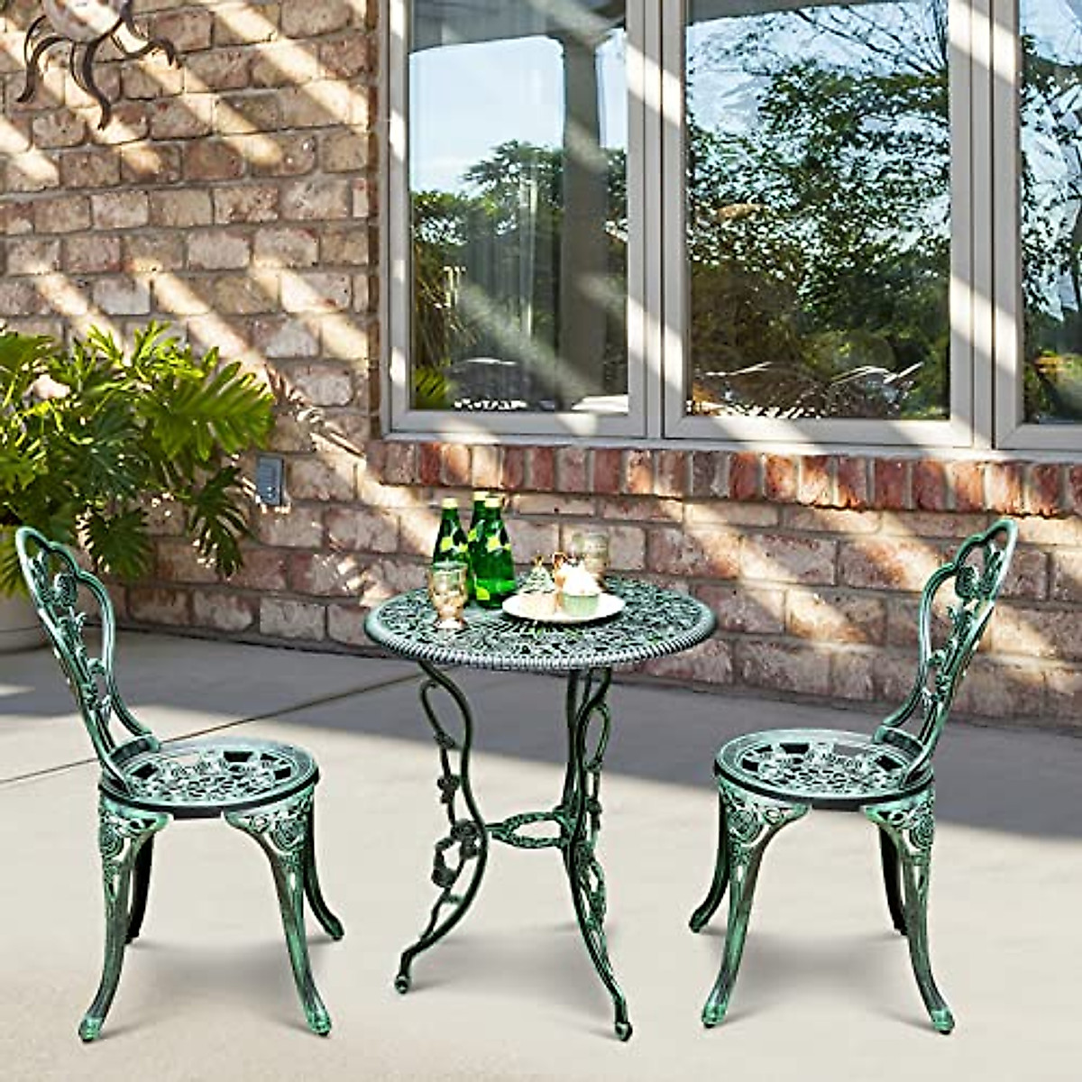 Giantex 3 Piece Bistro Set Cast Aluminum Rose Design Antique Outdoor Patio Furniture Weather Resistant Garden Round Table and Chairs w/Umbrella Hole (Rose Design)