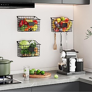 Wall Mounted Bin Basket with 5 Hooks 3 Label Plate Adhesive-3 Pack, Cabinet Hanging Metal Wire Basket,Rustic Farmhouse Decor, Storage Organization Shelf for Pantry Kitchen Bathroom 10.6*7.5*5.1inch