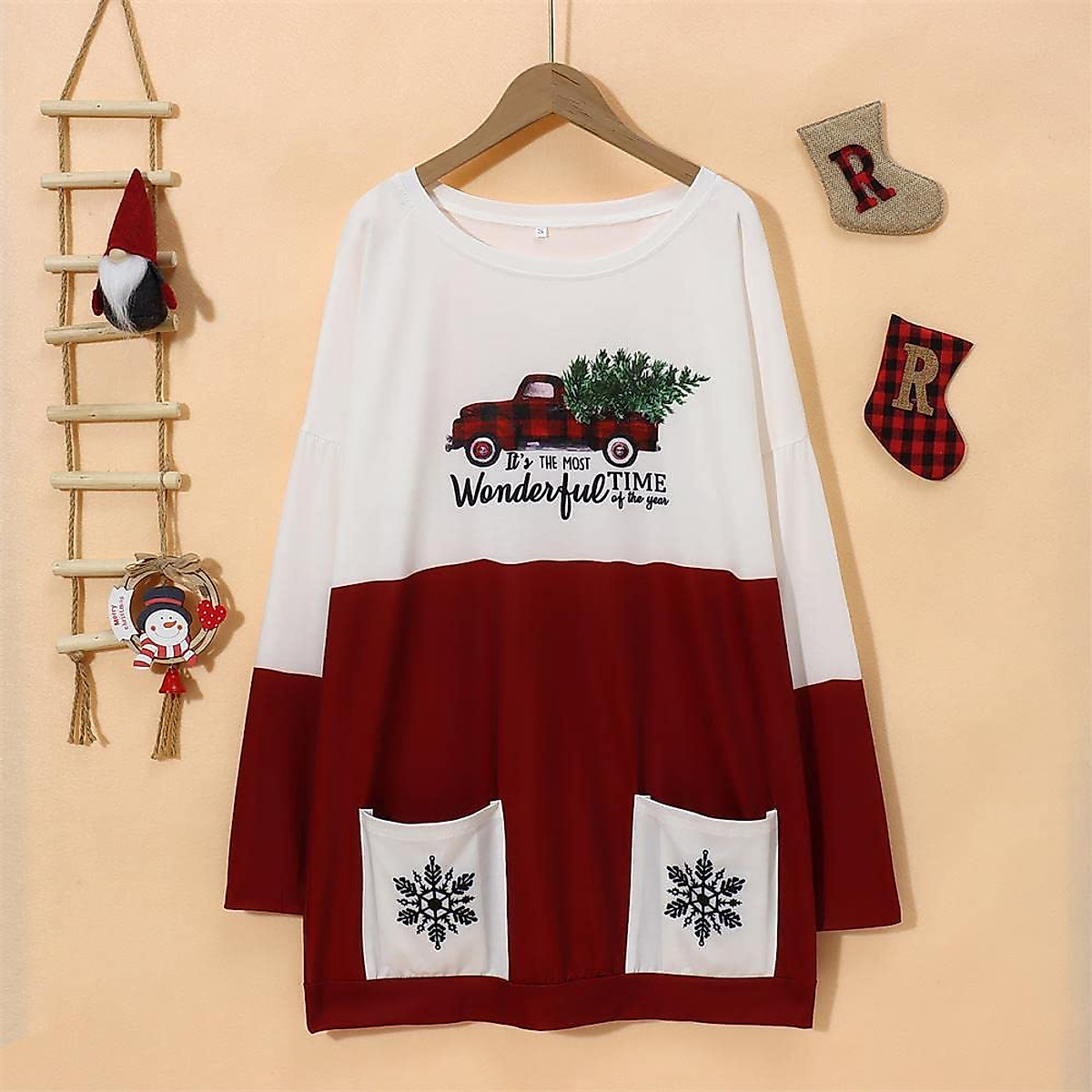 GLIGLITTR Women Christmas Shirt Xmas Tree Truck Crewneck Sweatshirt Plaid T-Shirt Dress Long Sleeve Blouse Pullover Tops(Truck,Large)