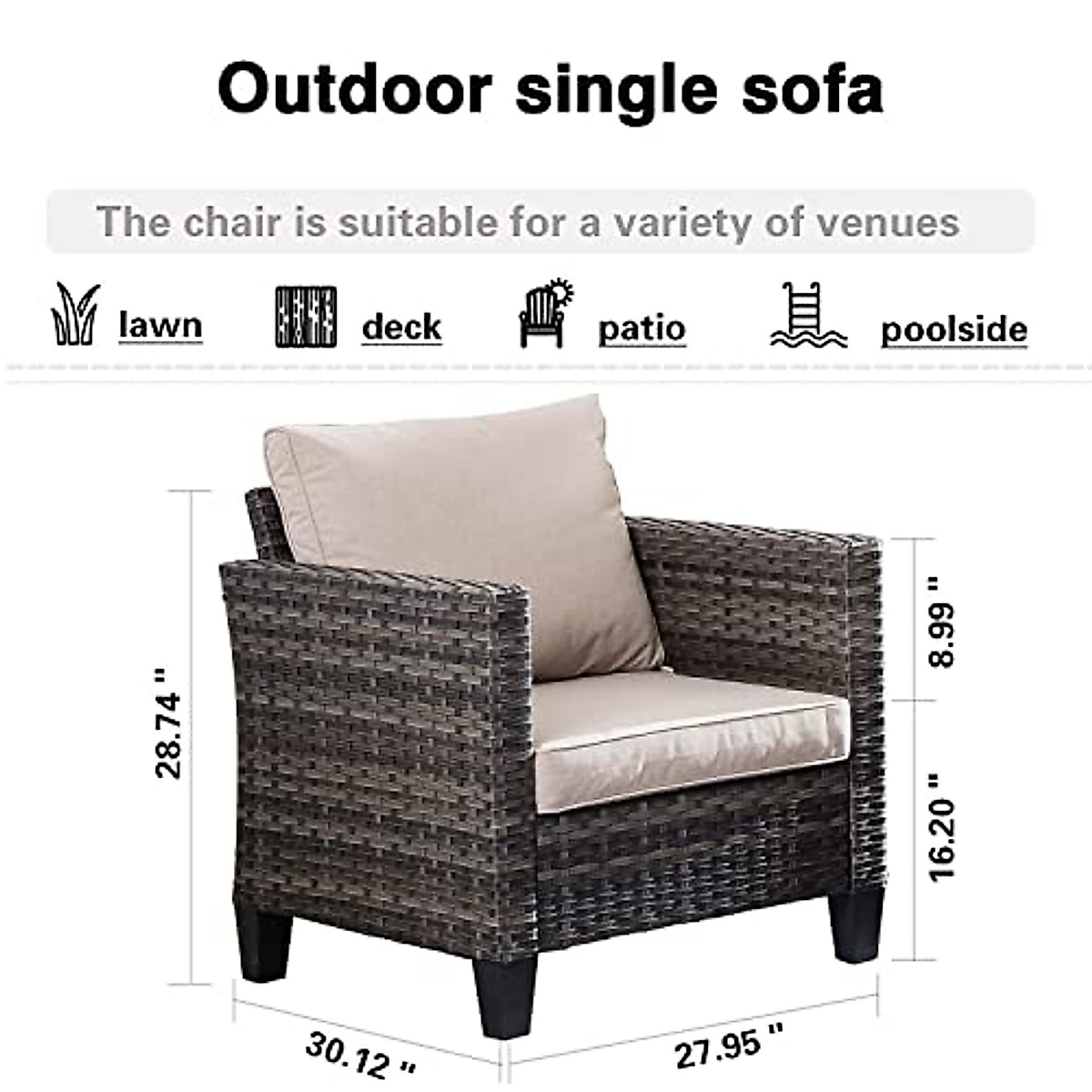 OVIOS Patio Furniture Set 2 Wicker Chairs All Weather Outdoor Single Chairs Patio Dining Chairs Manual Weaving Rattan Sofa, Garden Porch Backyard, Steel (Beige)