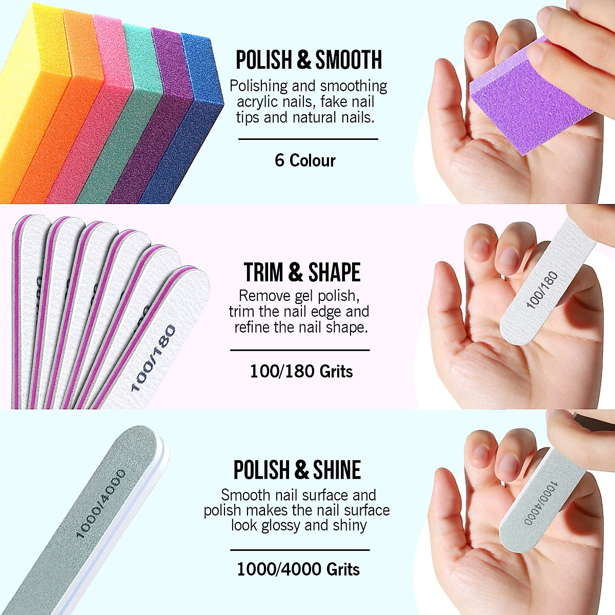 FANDAMEI Nail Buffer File, Professional Nail Tools kit with 6PCS Rectangular Nail Buffer Block, 6PCS 100/180 Nail Files and 1PCS 1000/4000 Nail Buffer. Nail Buffer File Kit for Nail Care
