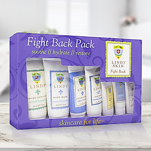 LINDI SKIN Fight Back Pack - Starter Kit That Includes Body Lotion, Body Wash, Face Serum, Face Moisturizer, Soothing Balm, and Face Wash for Chemo Rash, Radiation Burn & Other Cancer Side-Effects