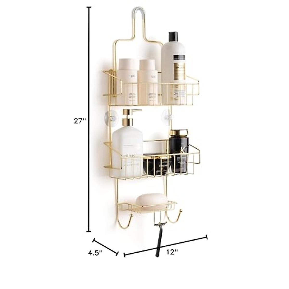 SIMPLI COZY Large Iron Gold Shower Caddy – No Drilling Required – Two-Tier Storage – Razor & Loofah Holders – Ideal for Modern & Clean Aesthetic Decor 4.5" D x 12" W x 27" H