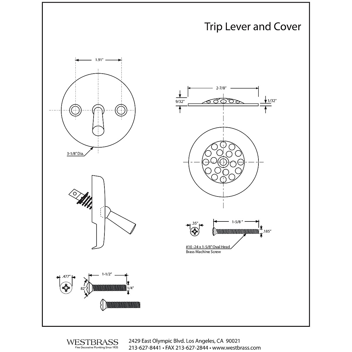 Westbrass A92-12 3-1/8" Trip Lever Bathtub and Shower Drain Kit with 2-Hole Overflow Faceplate, 1-Pack, Oil Rubbed Bronze
