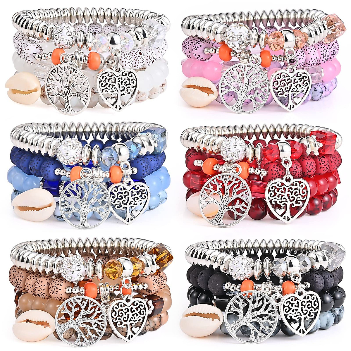 Bohemian Bracelet Sets for Women - 6 Sets Stackable Stretch Bracelets Multi-color Boho Jewelry for Women Hippie Bracelets Dainty Jewelry Best Friend Gift (Tree of Life Bead Bracelets)