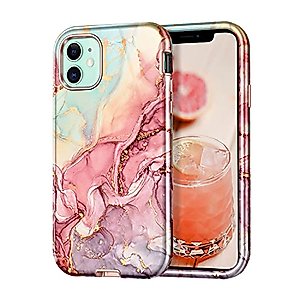 CASEFIV Compatible with iPhone 11 Case,Marble Pattern 3 in 1 Heavy Duty Shockproof Full Body Rugged Hard PC+Soft Silicone Drop Protective Women Girls Cover for iPhone 11 6.1 inch, Rose Gold