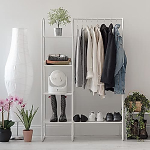 IRIS USA Clothes Rack with 4 Metal Shelves, Freestanding Clothing Racks for Hanging Clothes, Easy to Assemble, Standing Metal Sturdy Garment and Accessories Rack, Small Space Storage Solution, White