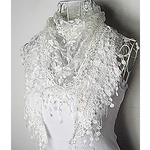 Cotchear Lace Scarf Floral Crochet Lightweight Tassel Sheer Wrap Scarves Shawl (White)