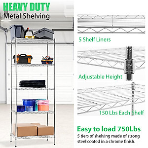 5-Tier Metal Shelves for Storage Wire Shelf Storage Shelves Shelving Unit NSF-Certified,Garage Storage Shelf Metal Shelf Rack Storage Rack Wire Shelving Rack for Restaurant Pantry Kitchen,Chorme
