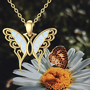 SISGEM 14K Real Gold Butterfly Necklace with Blue Opal for Women Teen Girls,Yellow Gold Butterfly Pendant Necklace Dainty Filigree Butterfly Jewelry Gifts for Birthday Christmas 16+1+1 inch, Gold,
