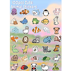 100pcs Cute Animal Stickers for Water Bottle， Waterproof Vinyl Kawaii Stickers for Laptop Phone Skateboard, Cute Animal Decals Christmas Gifts for Kids Teens Girls Boys