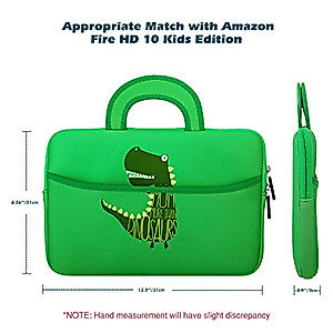 MoKo Fire HD 10 Inch Kids Tablet Sleeve Case Bag, [Shock-Proof] Zipper Handle Pouch Portable Neoprene Case Cover fits Fire HD 10 Plus 2021, Fire HD 10 Kids & Pro 2021 - Dinosaur Green
