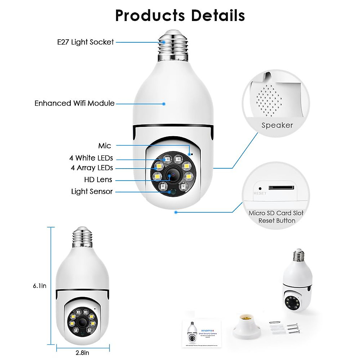 EVERSECU 4Pack HD 1080P Wireless Light-Bulb Security Camera, Work with 2.4ghz&5ghz WiFi, Motion Auto Tracking, 2 Way Audio, Spotlight Night Vision, E27 Screw-in CCTV Camera (4pcs)
