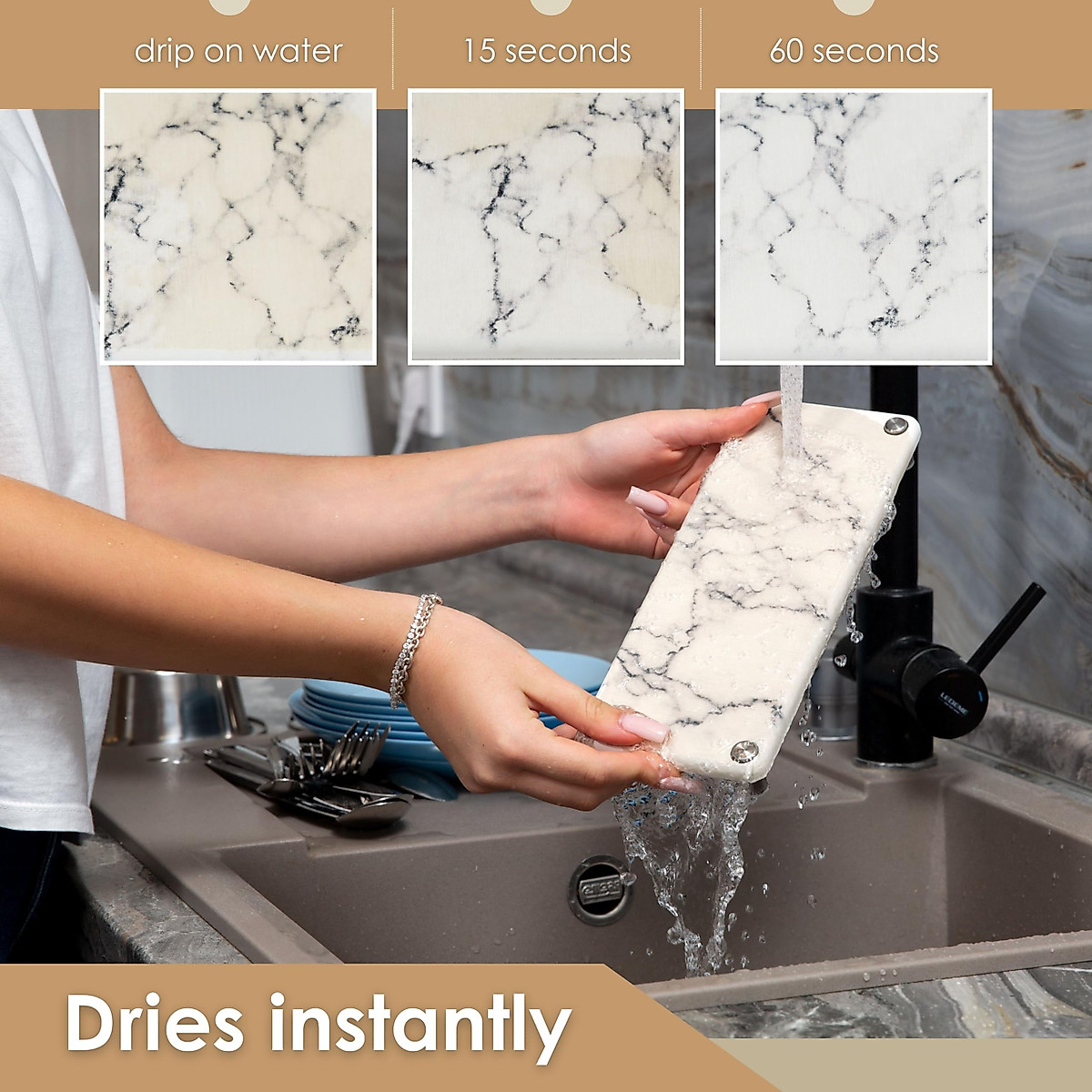 BRANDOVO Stone Sink Caddy - Marble Tray - Instant Dry Sink Organizer - Kitchen Soap Tray - Fast Drying Stone Sink Tray - Kitchen Sink Caddy Marble White - 9.8x3.9 inches