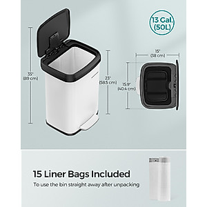 SONGMICS Kitchen Trash Can, 13 Gallon (50 L) Stainless Steel Garbage Can, with Stay-Open Lid and Step-on Pedal, Soft Closure, Tall, Large and Space-Saving, White and Black ULTB530W50