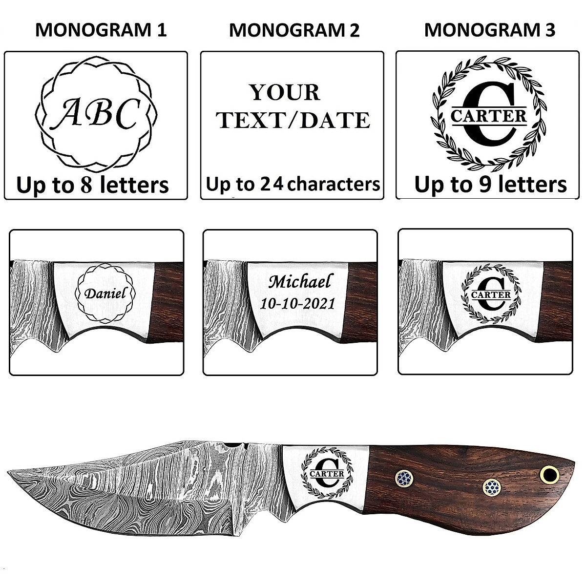WINTERFELL Personalized Fixed Blade Damascus Hunting Knife with Sheath, Engraved Custom Gifts For Hunter, Customized Gift For Husband, Dad, Son, Unique Father's Day Gift (Brown)