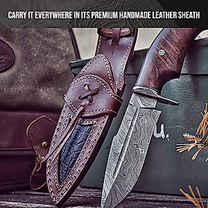 BIGCAT ROAR Handmade Damascus Hunting Knife - Bushcraft Fixed Blade Hunting Knife with Sheath and Walnut Wood Handle - 10″ EDC Skinning Knife - Beast Hunter