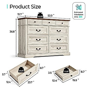 LINSY Dresser for Bedroom, 9 Drawers Bedroom Dresser Wood for Nursery, Tall Chest of Drawers, 53 Inch Wide Farmhouse Wood Dresser for Bedroom, Hallway, Closet, Living Room, Beige