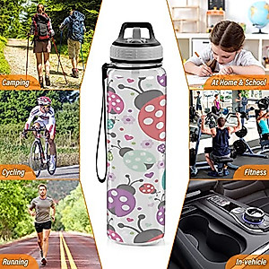 xigua Ladybug Water Bottle with Straw Lid,32 oz Leakproof Sport Water Bottle with Wide Handle for Gym,Cycling,School,Travel