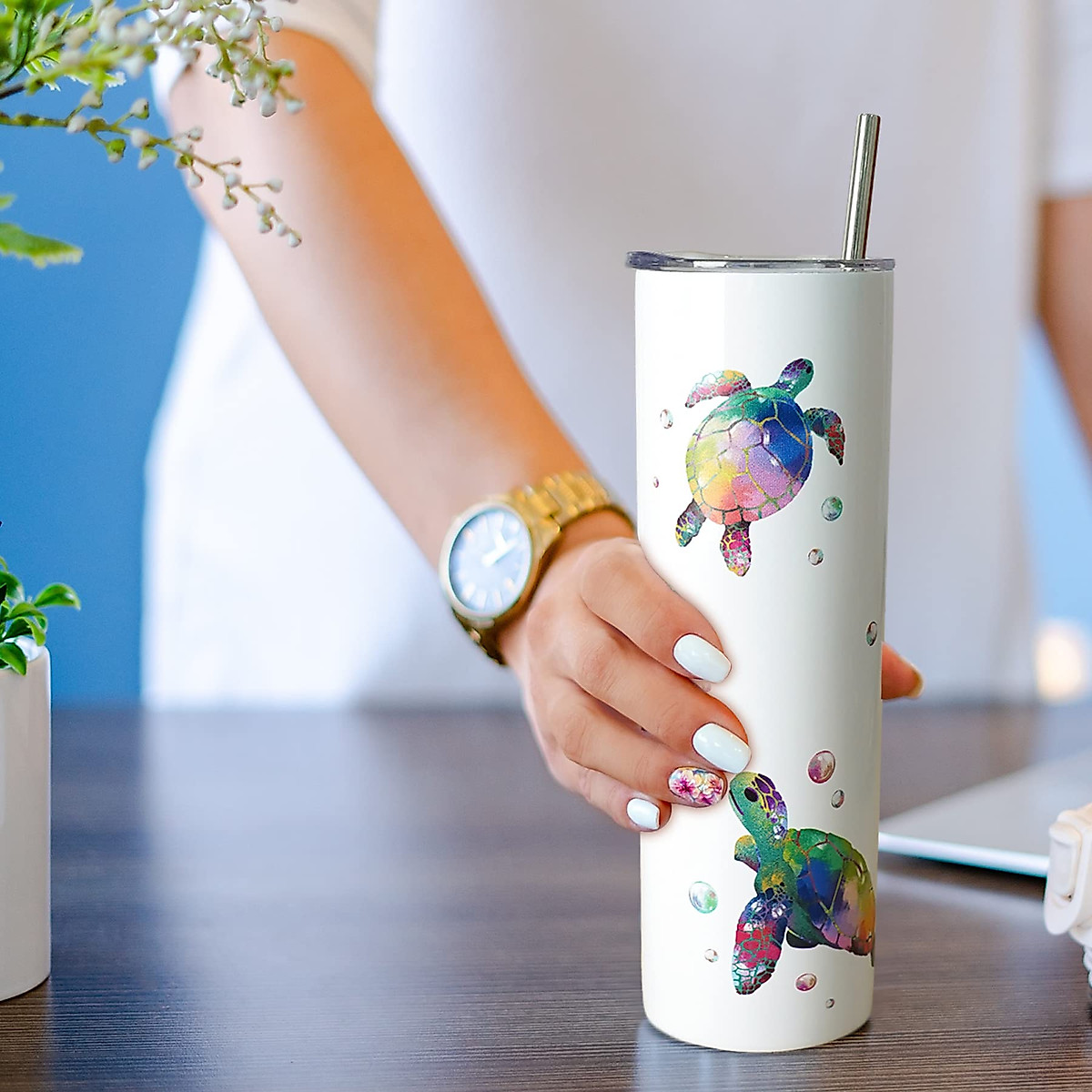 Mofvugz Sea Turtle Gifts - 20 Oz Double Wall Vacuum Insulated Stainless Steel Tumbler with Lid and Straw - Watercolor Ocean Turtle Cup, Travel Coffee Mug