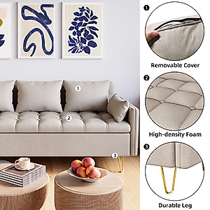Senfot Sofa Couch Faux Leather 60" W Sofas with Lift-Up Storage and Comfortable Hand Stitched, Pillows, Modern Design with Button Tufted and Gold Metal Legs in Beige